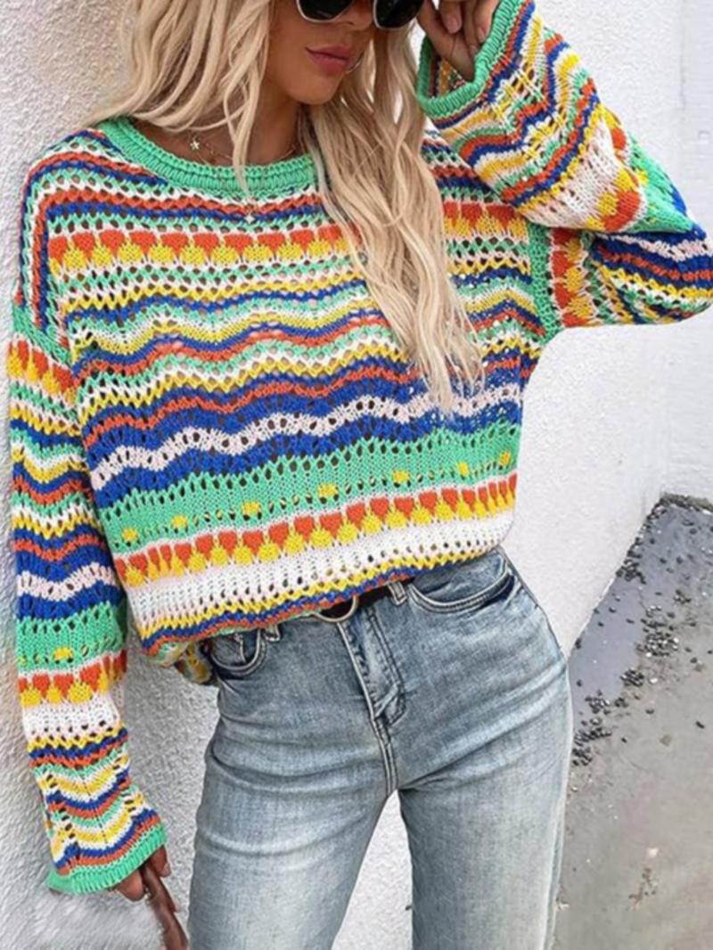 Women's Colorful Striped Print Hollow Out Drop Shoulder Sweater, Casual Long Sleeve Round Neck ...