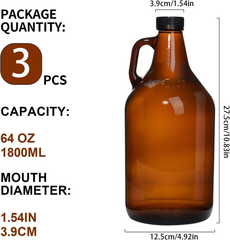 Glass Growlers for 64 oz,3 Pack Half Gallon Glass Jug with Seal Cap and ...