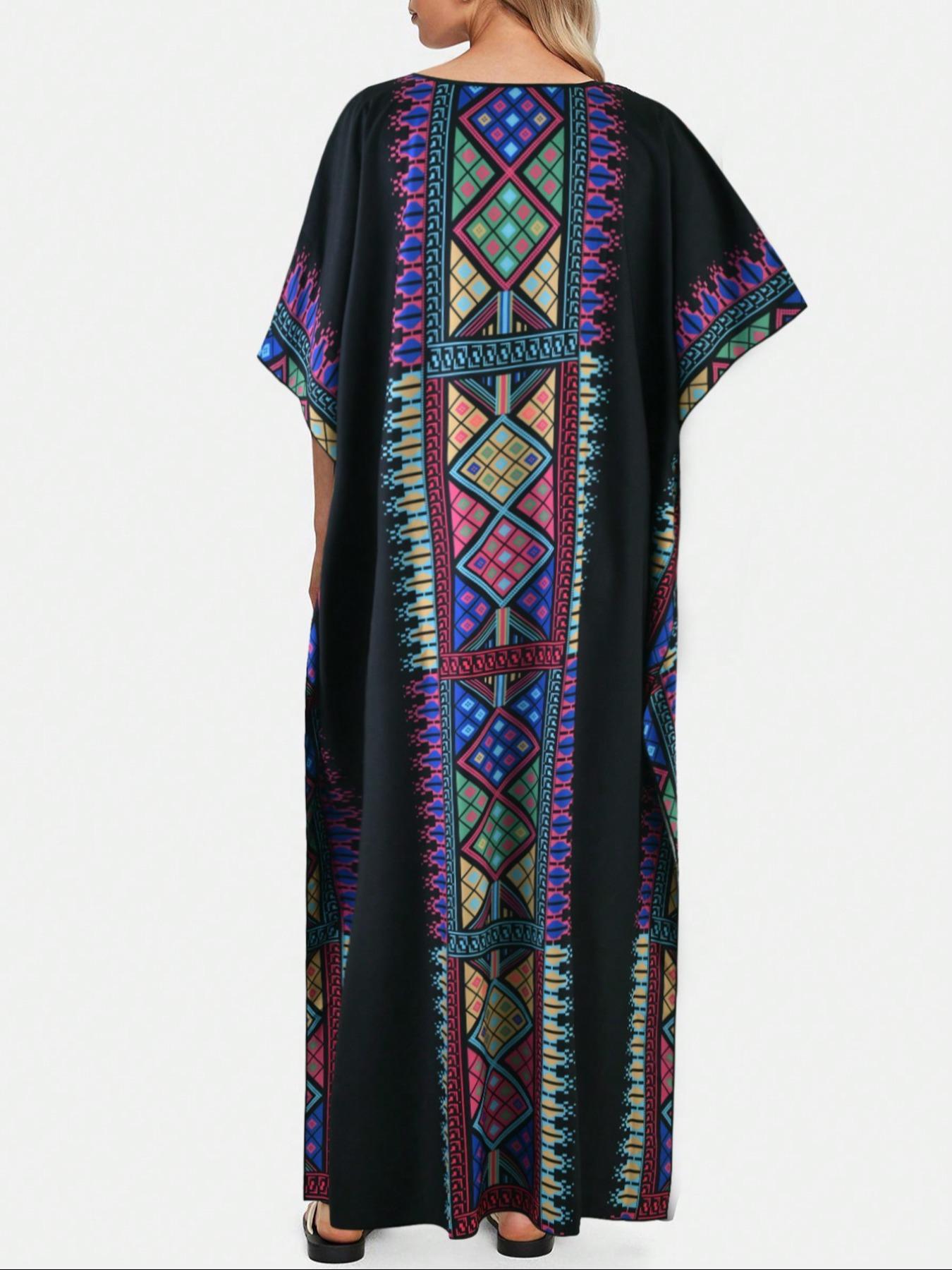 Women's Ethnic Print Long Dress, Casual V-Neck Half Sleeve Batwing ...