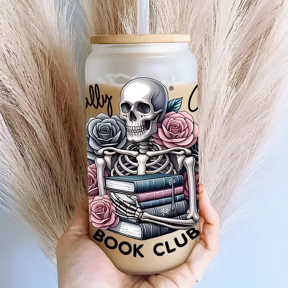 16oz Skull & Book Pattern Glass Cup, Reusable Glass Cup with Lid ...