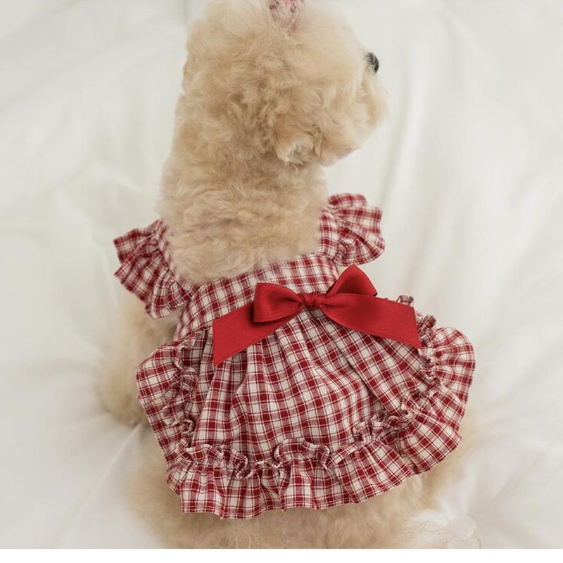 Christmas Red Plaid Dog Pet Clothes Autumn Winter Outfit Ruffle Lace ...