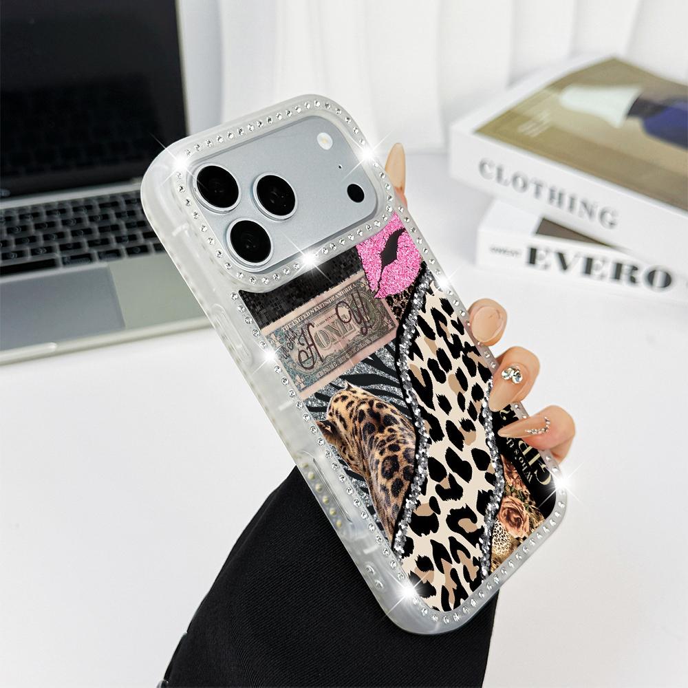 Shining leopard print double-sided diamond studded phone case, military ...