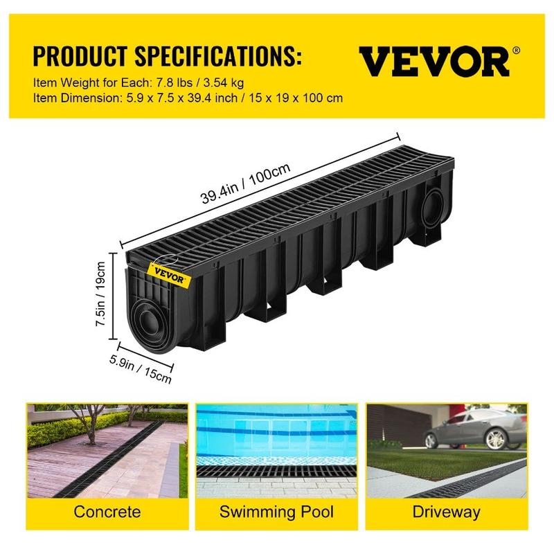 VEVOR Trench Drain System, Channel Drain with Metal Grate, 5.7x3.1 ...