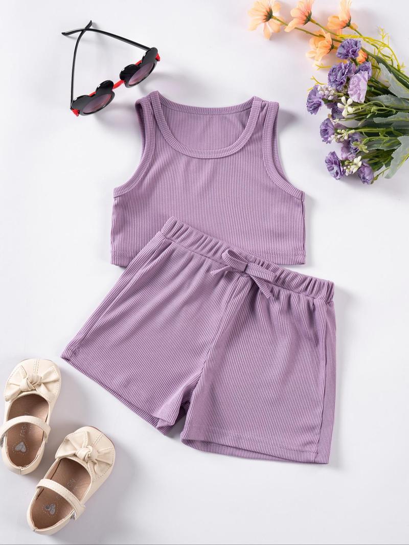 Two-Piece Set Toddler Girl's Solid Ribbed Tank Top & Bow Decor Shorts ...