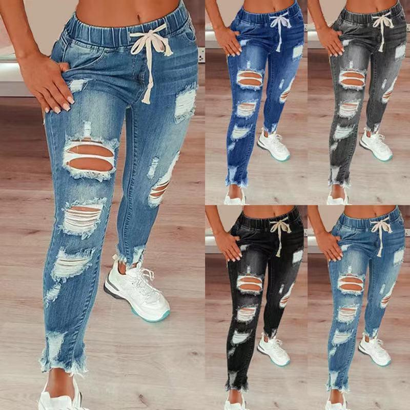 Women's trendy high waist ripped elastic waist drawstring jeans riden ...
