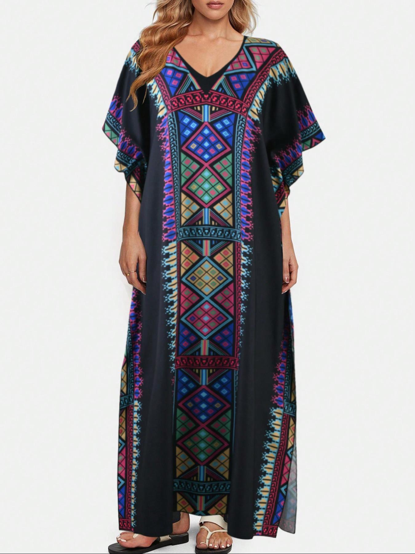 Women's Ethnic Print Long Dress, Casual V-Neck Half Sleeve Batwing ...