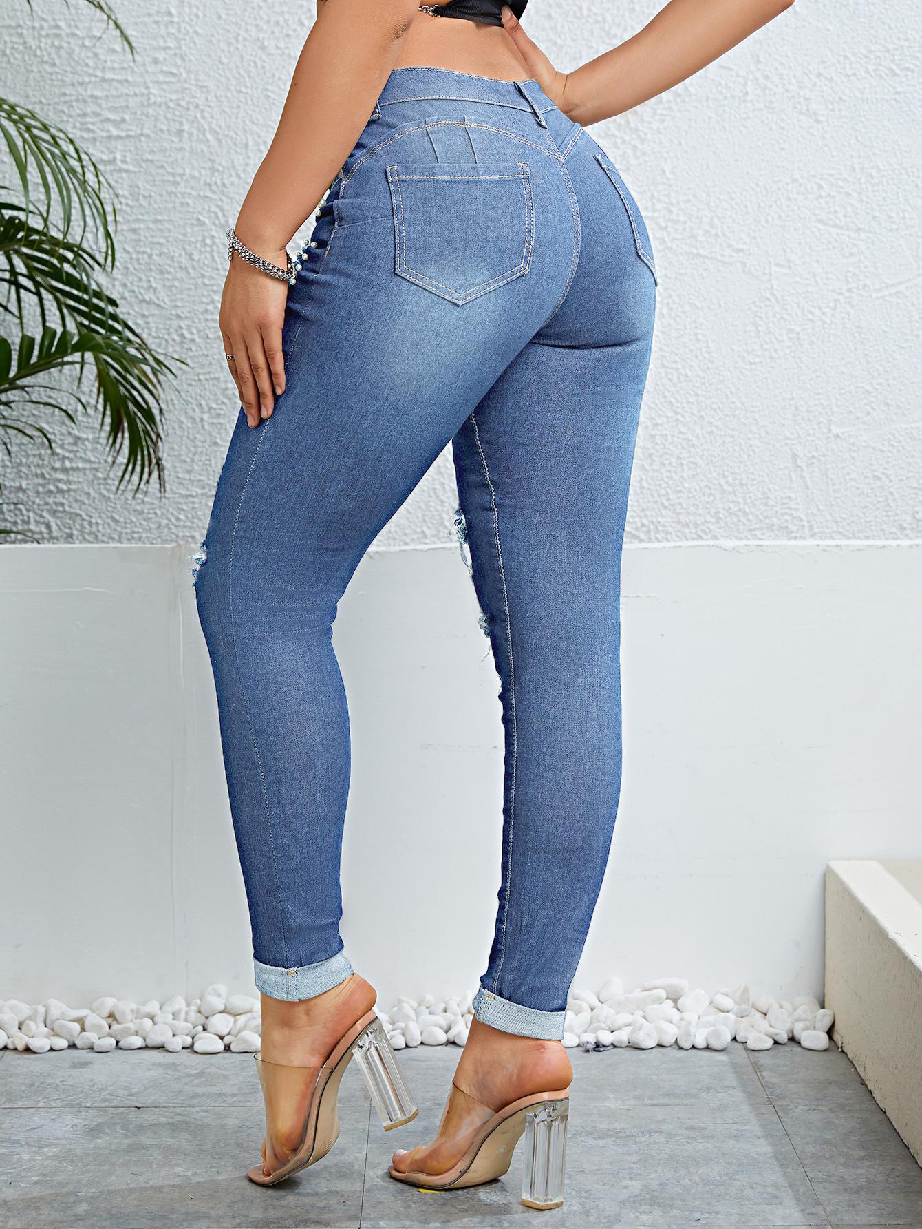 Women's Retro Ripped Skinny Jeans - High Rise Light Wash - TikTok Shop