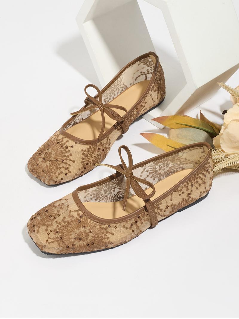 Women's Embroidery Lace Mesh Ballet Flats, Elegant Square Toe Flat ...