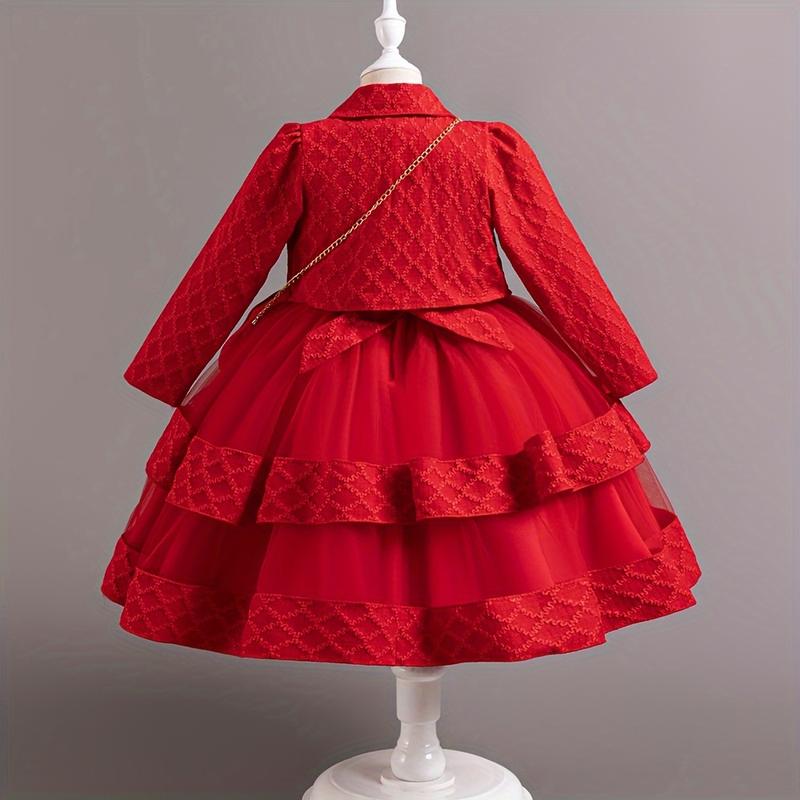 Girls' Elegant Tulle Dress Set with Contrast Mesh, Knee-Length Party ...