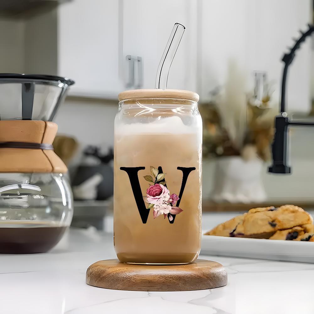 Letter & Flower Pattern Glass Cup, 1 Count Reusable Creative Iced ...