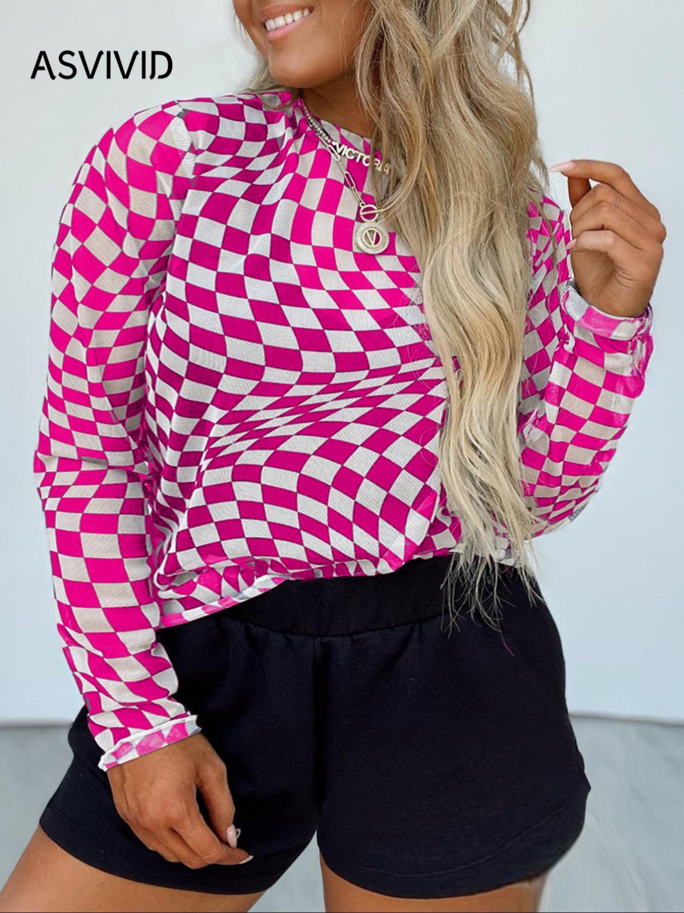【Plus Size】 Plaid Print Round Neck Tee, Casual Long Sleeve Crew Neck ...