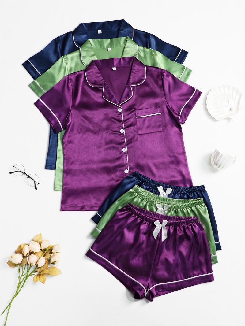 6 piece set women's contrast binding satin pyjama set, casual pocket ...