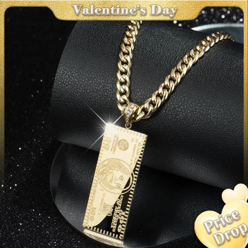 Real Gold-Plated Dollar Pendant Necklace, Double-Sided Mini Money ...
