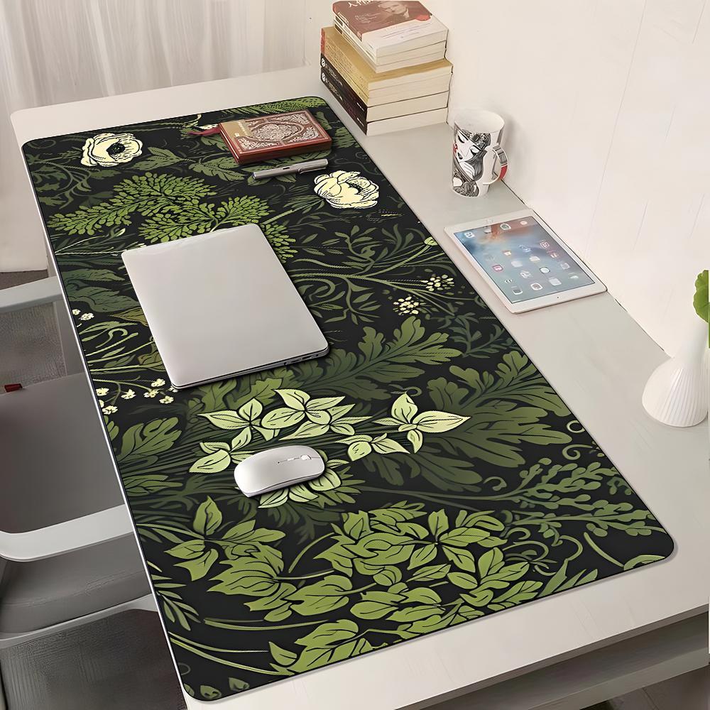 Botanical Art Green Floral and Plant Pattern Mouse Pad, Large Gaming ...