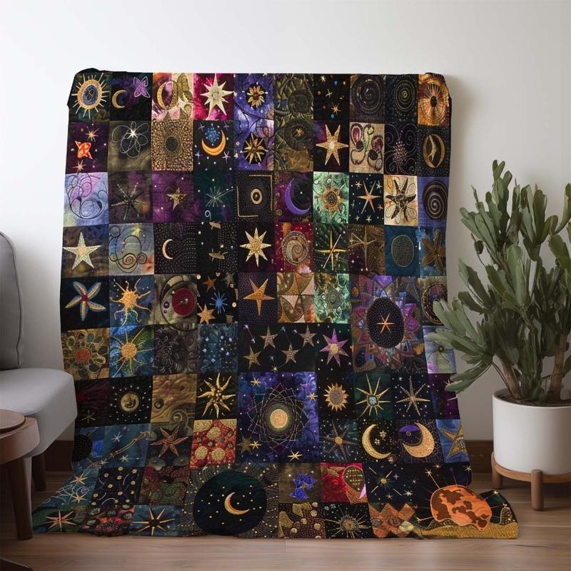1pc Vintage Style Flannel Fleece Blanket, Star and Moon Print Patchwork ...