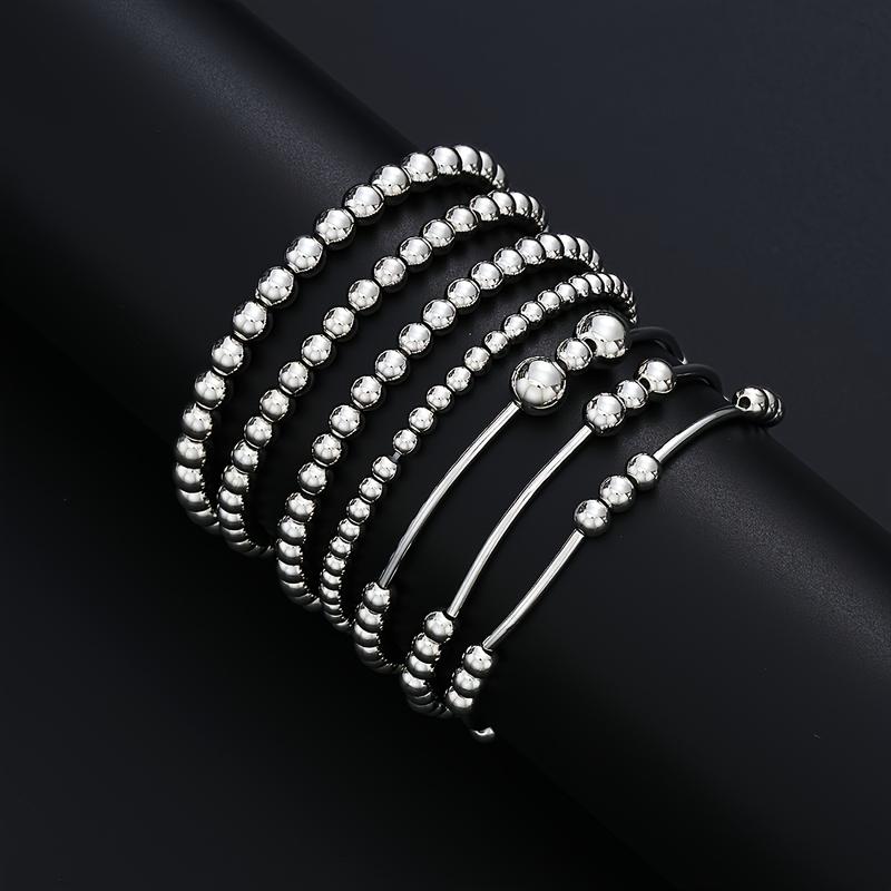 7pcs Multi-layered Fashion Beaded Bracelet Set Women's Silvery Elastic ...