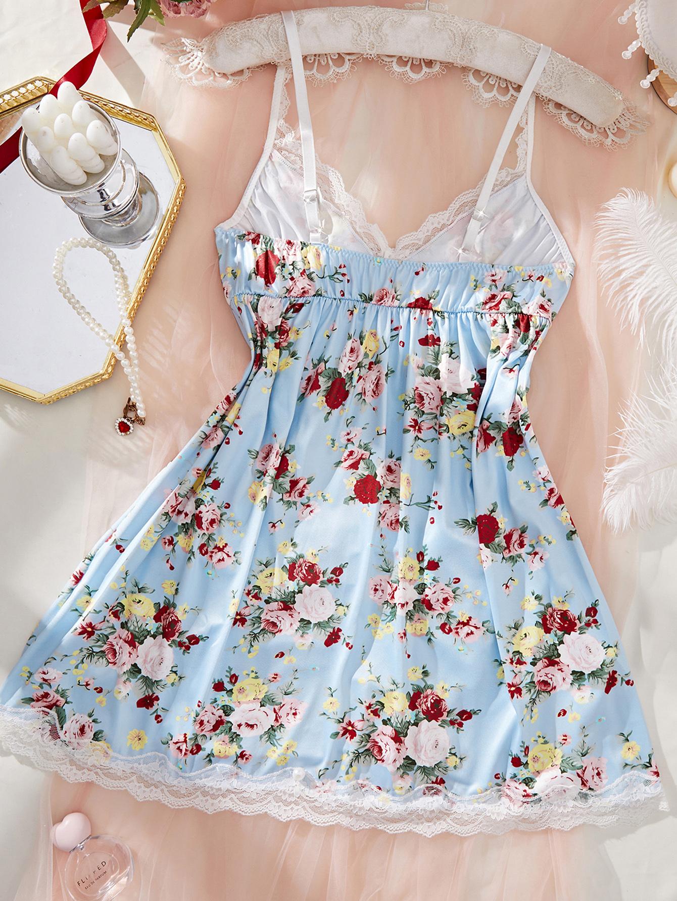 Women Sexy Lace Trim Lingerie Floral Print Chemise Nightgown Full Slip ...