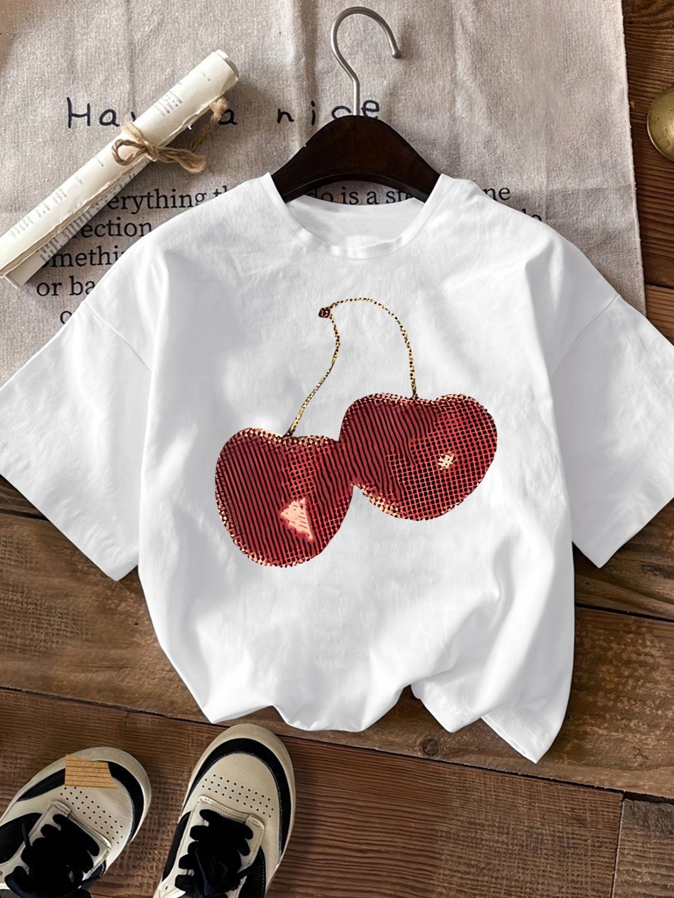Women's Cherry Print Round Neck Crop Tee, Fashion Casual Crew Neck ...