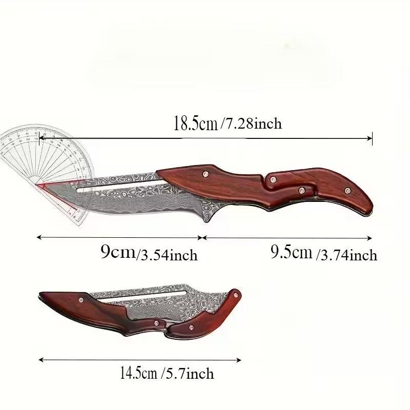 Damascus Steel Folding Knife with Wood Handle - Mechanical Magic Pocket ...