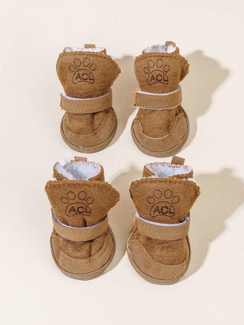 4pcs Plus Fleece Thick Pet Snow Boots Brown Polyester Universal Fit for ...