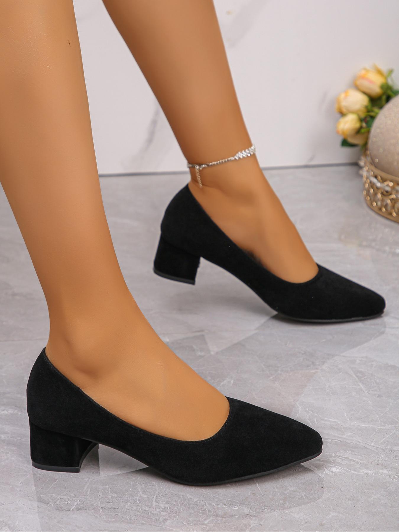 Women's Minimalist Pointed Toe Chunky Heel Suede High Heels - TikTok Shop