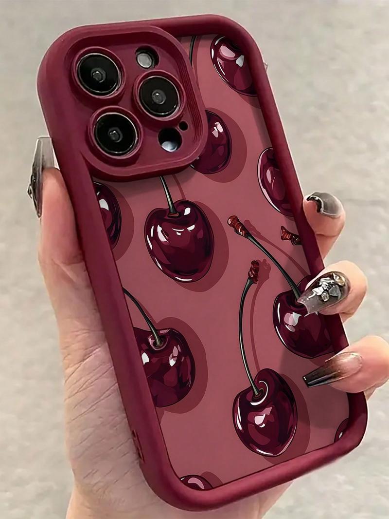 A stylish deep red cherry pattern soft TPU shockproof anti-drop full ...