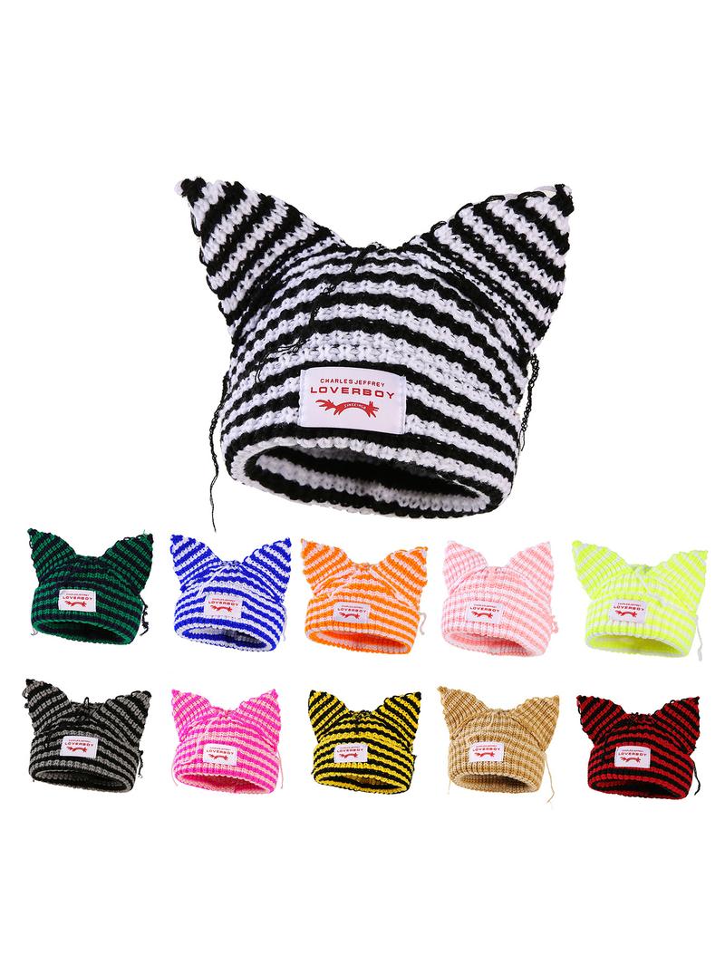 Bunny & Cat Ear Knit Beanie Set, Warm Striped Crochet Hats for Cold ...