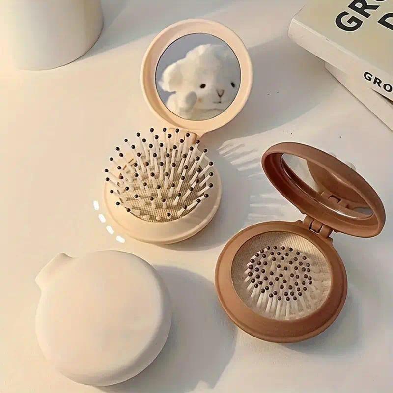 1 Beige Double Folding Travel Comb with Mirror, Lightweight Design ...