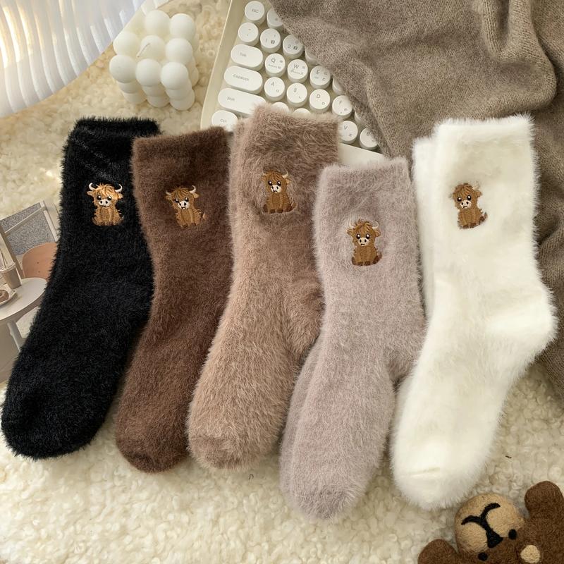 [5 Pairs Cow Socks] 5 Pairs Women's Cow Embroidered Plush Socks ...