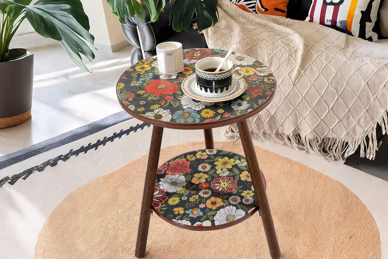 Double-Layer Mandala Pattern Side Table, Retro Mini Decorative Table ...