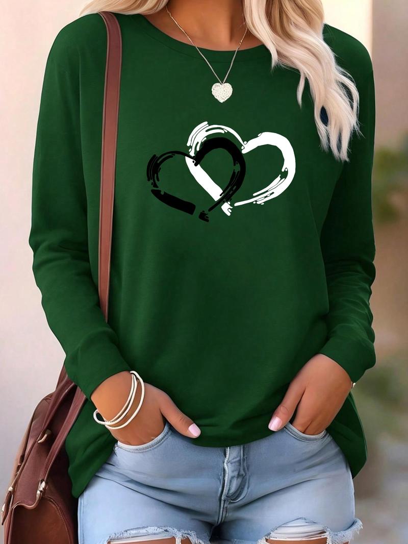 Women's Heart Print Round Neck Sweatshirt, Casual Long Sleeve Crew Neck ...