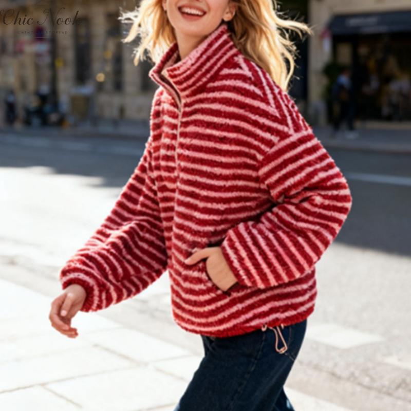 Women's Y2K Zip Striped Sherpa Jacket Long Sleeve Fleece Pullover Jacket Tops For Autumn ...