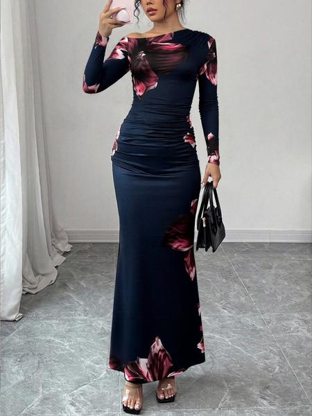 Women's Floral Print Slim-Fit Formal Dress, Elegant Fall & Winter ...