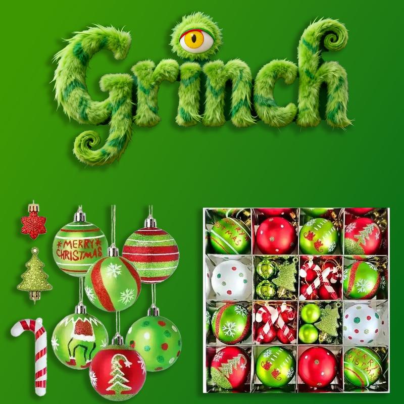 46-Piece Grinch Green Christmas Ball Decor Set 🎄 - Polka Dot Hanging ...