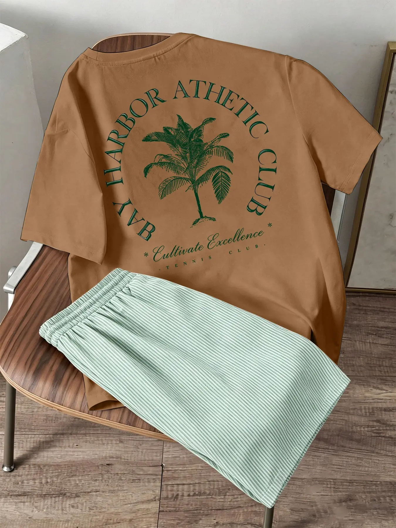 2 Piece Men's Old Money Tennis Club Outfit White Palm Tree Graphic ...