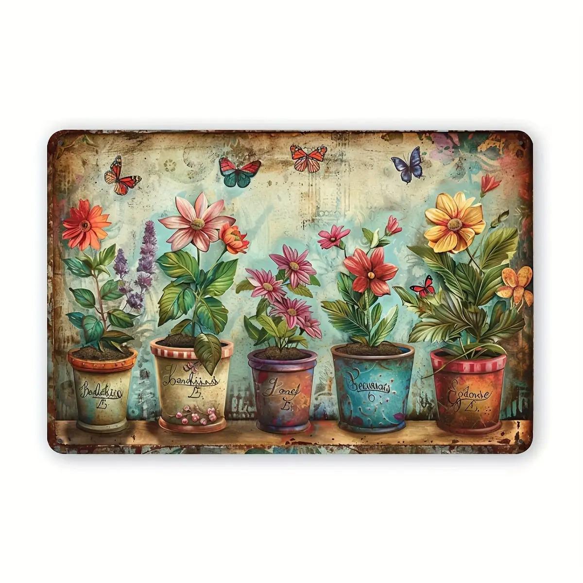 Retro Vintage Bohemian Metal Tin Sign Wall Art - Rustic Potted Plants ...