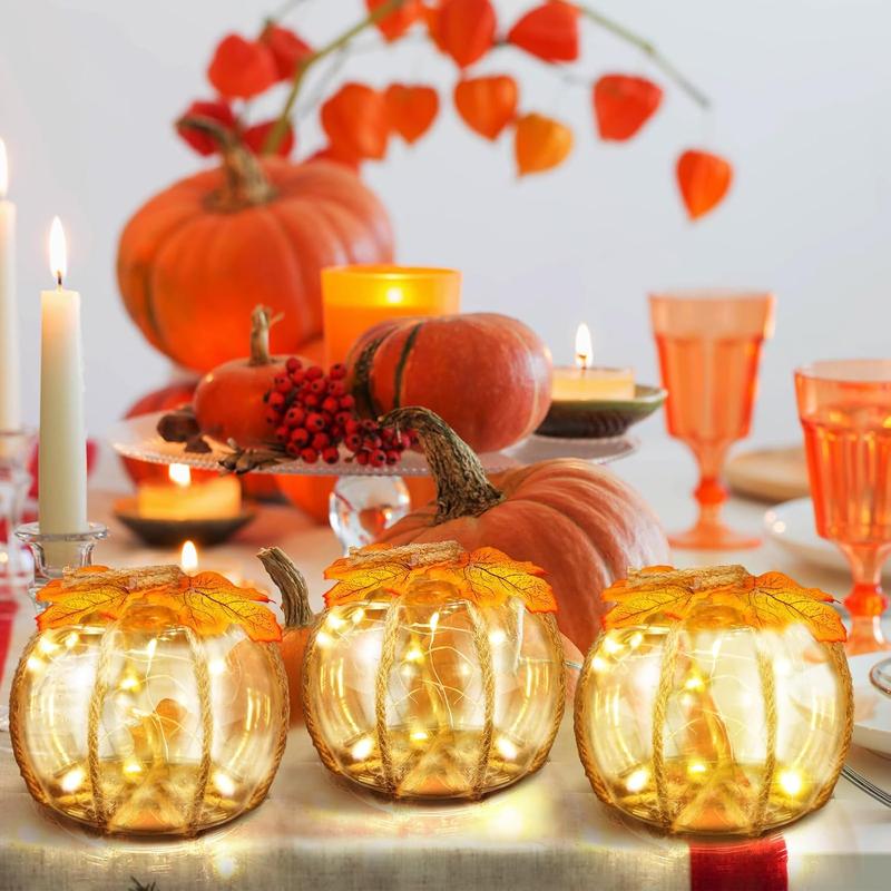 3 Pcs Fall Glass Pumpkin Lights Tables Centerpieces Autumn Harvest ...