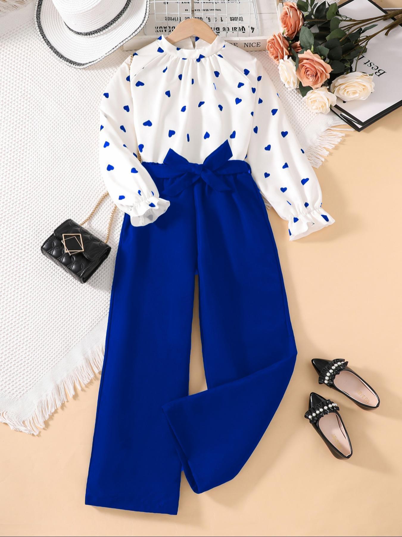 Two-piece Set Girl's Heart Print Top Wide Leg Belted Pants Elegant ...