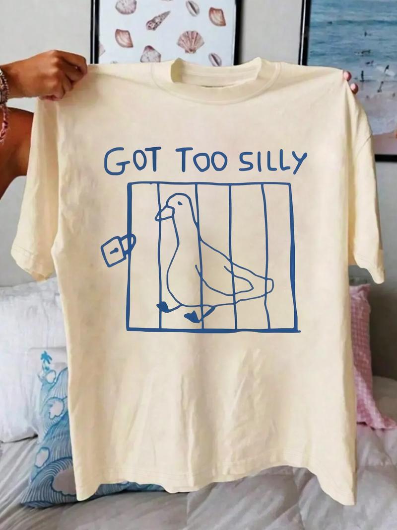 Men's Duck & Letter Print Round Neck Tee, Regular Fit Casual Short ...