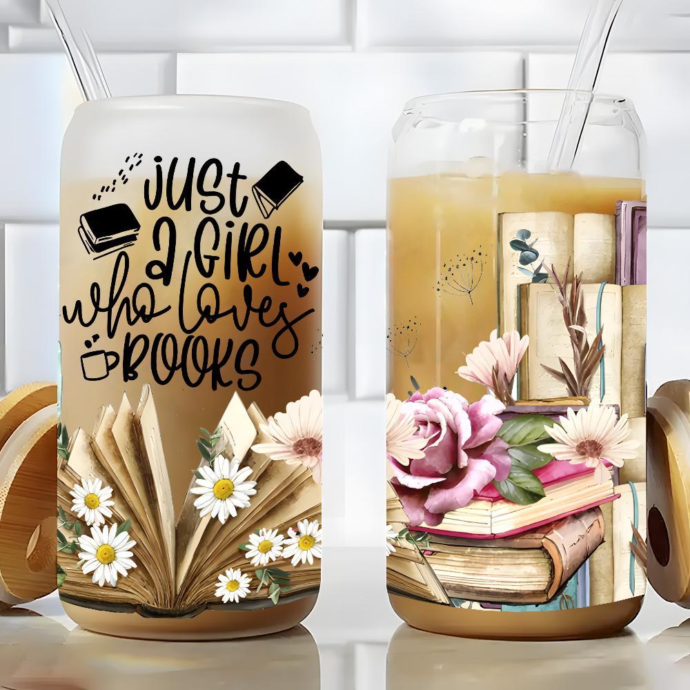 Floral & Book Pattern Glass Cup, 16oz Reusable Glass Cup with Bamboo ...