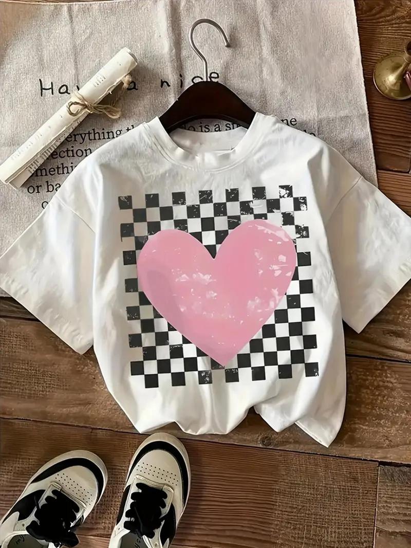 Women's Heart Print Round Neck Tee, Casual Short Sleeve Crew Neck T ...