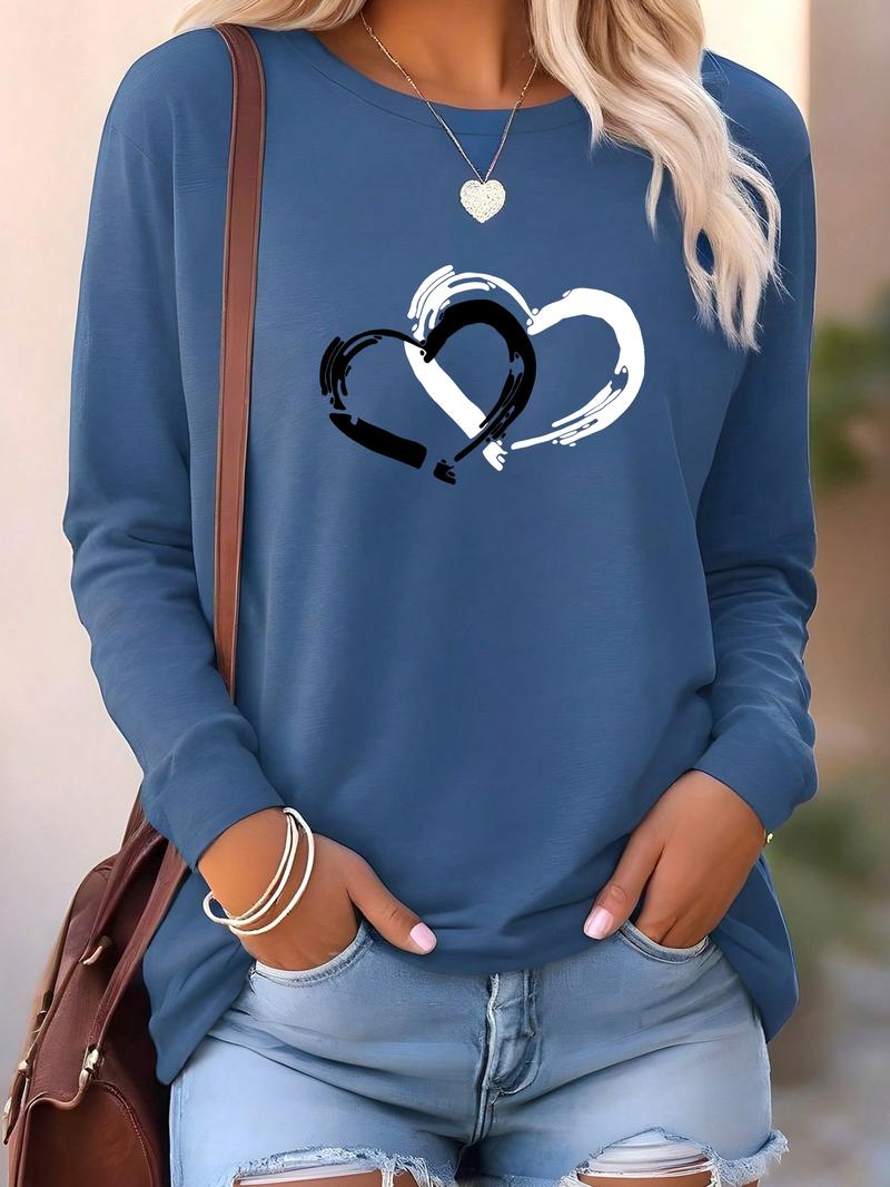 Women's Heart Print Round Neck Sweatshirt, Casual Long Sleeve Crew Neck ...