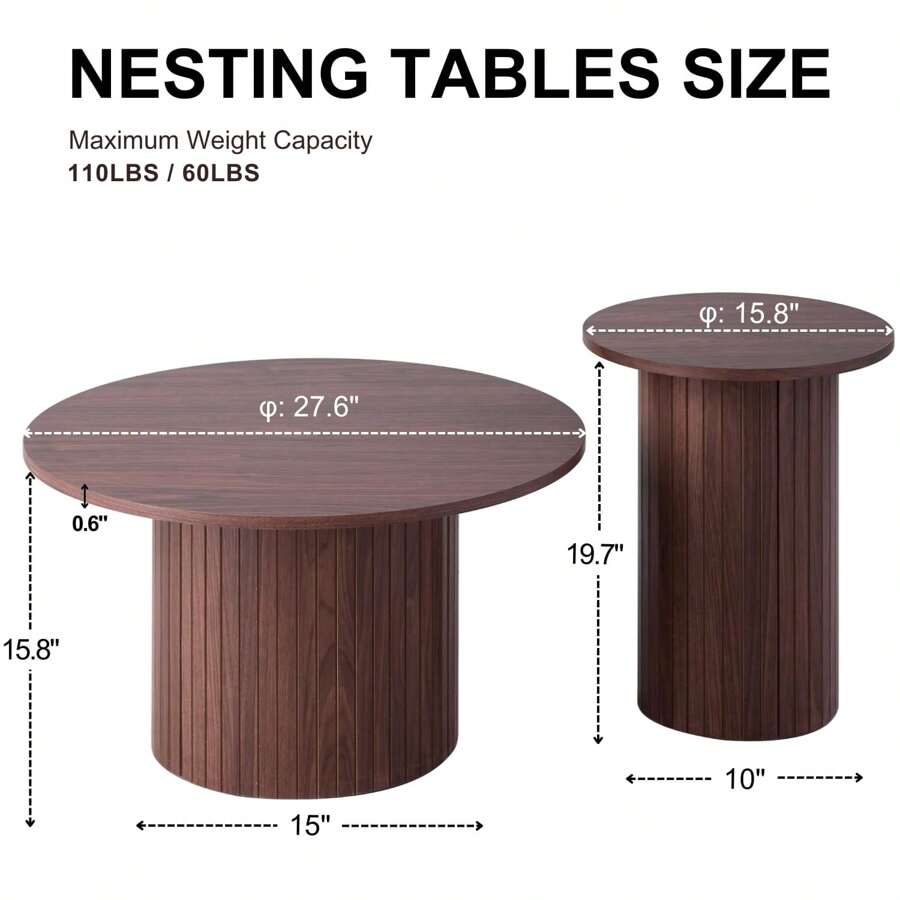 Round Nesting Coffee Set Of 2, Boho Wood Circle Side Fluted Drum ...