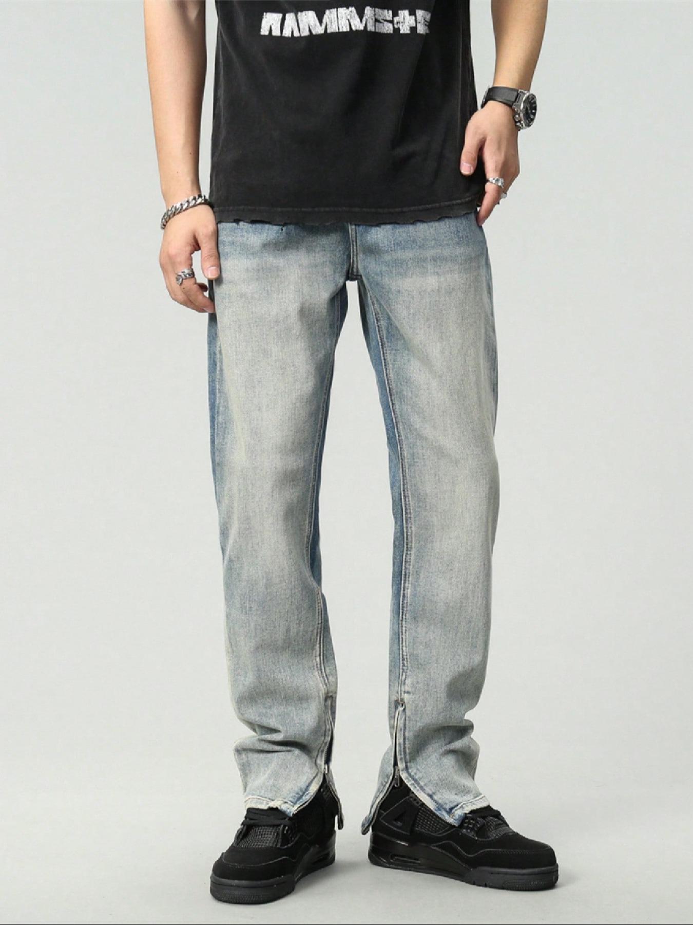 Men's Zipper Design Straight Leg Jeans, Loose Casual Comfy Denim Pants ...