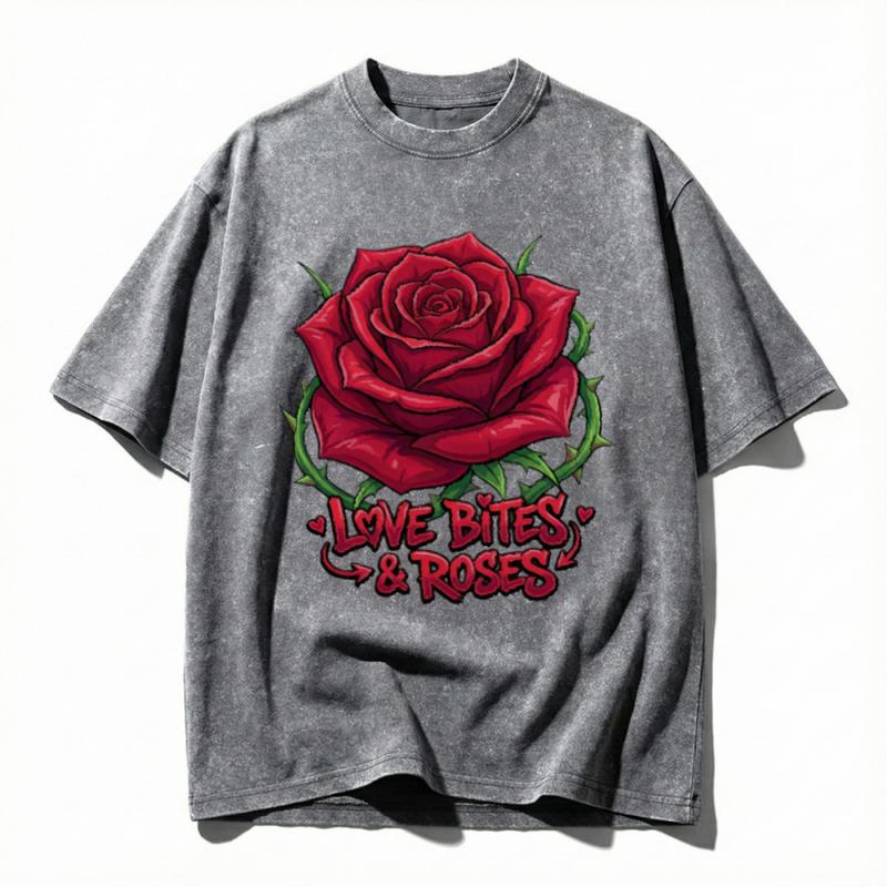 Couple's Cotton T-shirt Vintage Acid Wash "Love Bites" Rose Tee Dark ...