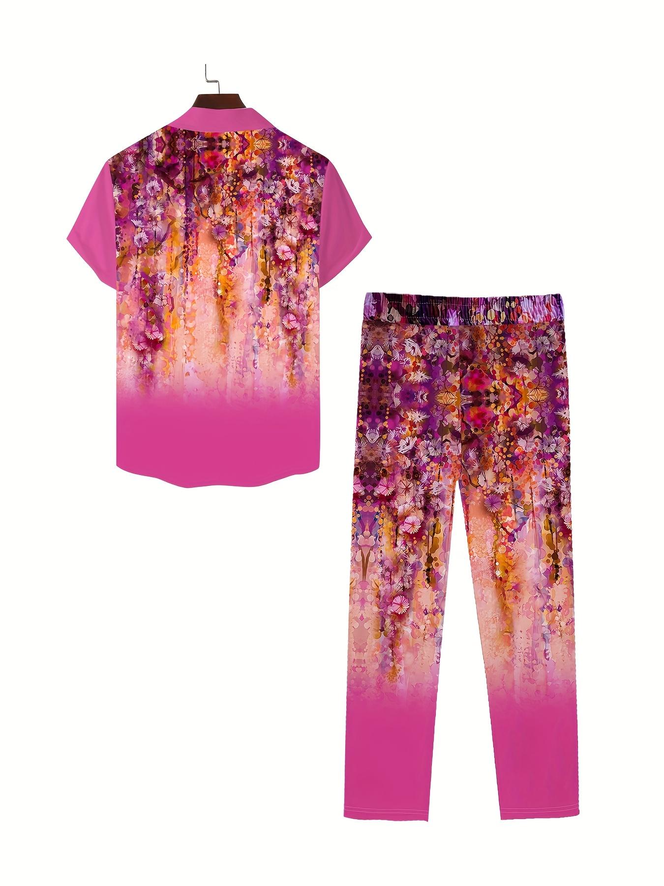 Men's Casual Floral Print Short Sleeve Shirt & Pants Set - Vibrant Pink ...