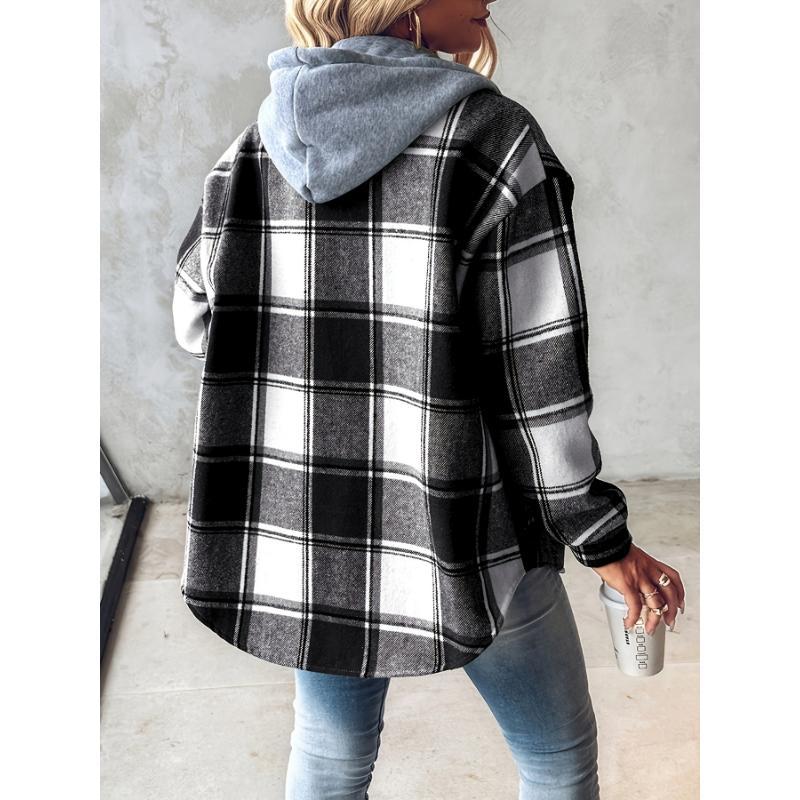 [Plaid Shacket] Warm Plaid Long Sleeve Shacket - Button Fleece Lined ...
