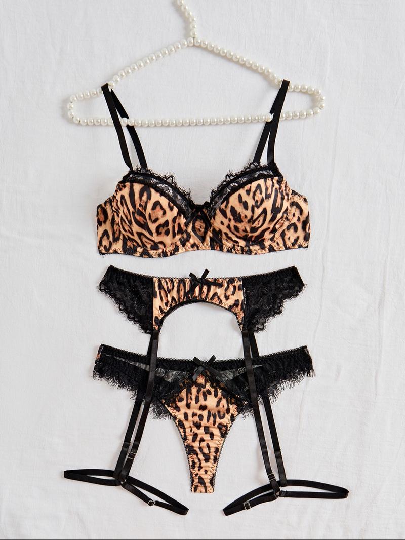Women's Leopard Print Contrast Lace Bra & Thong & Garter Belt Three ...