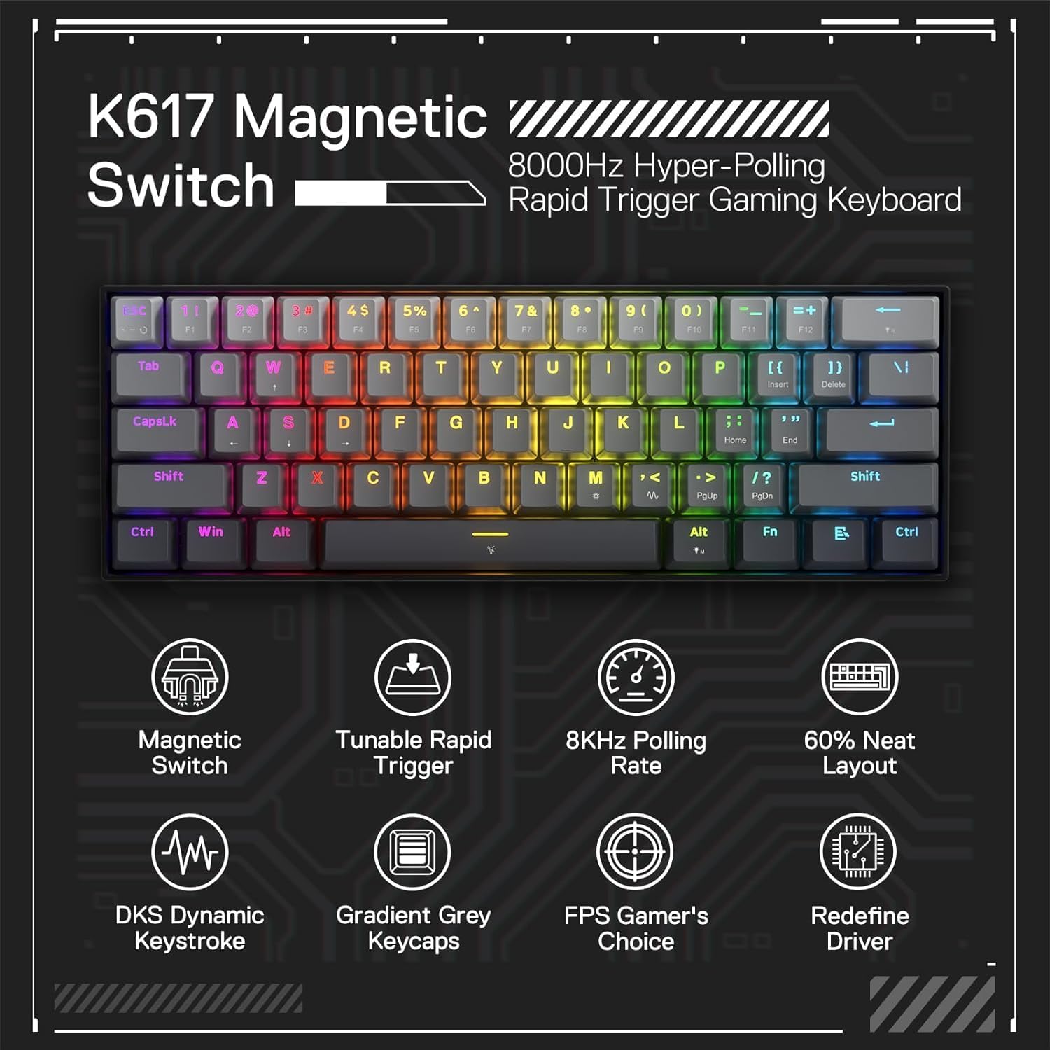 K617 GB Rapid Trigger HE Gaming Keyboard, 60% 61 Wired Mechanical ...