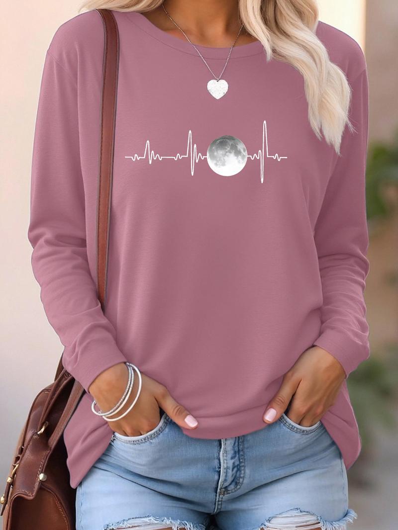 Women's Heart Print Round Neck Sweatshirt, Casual Long Sleeve Crew Neck ...